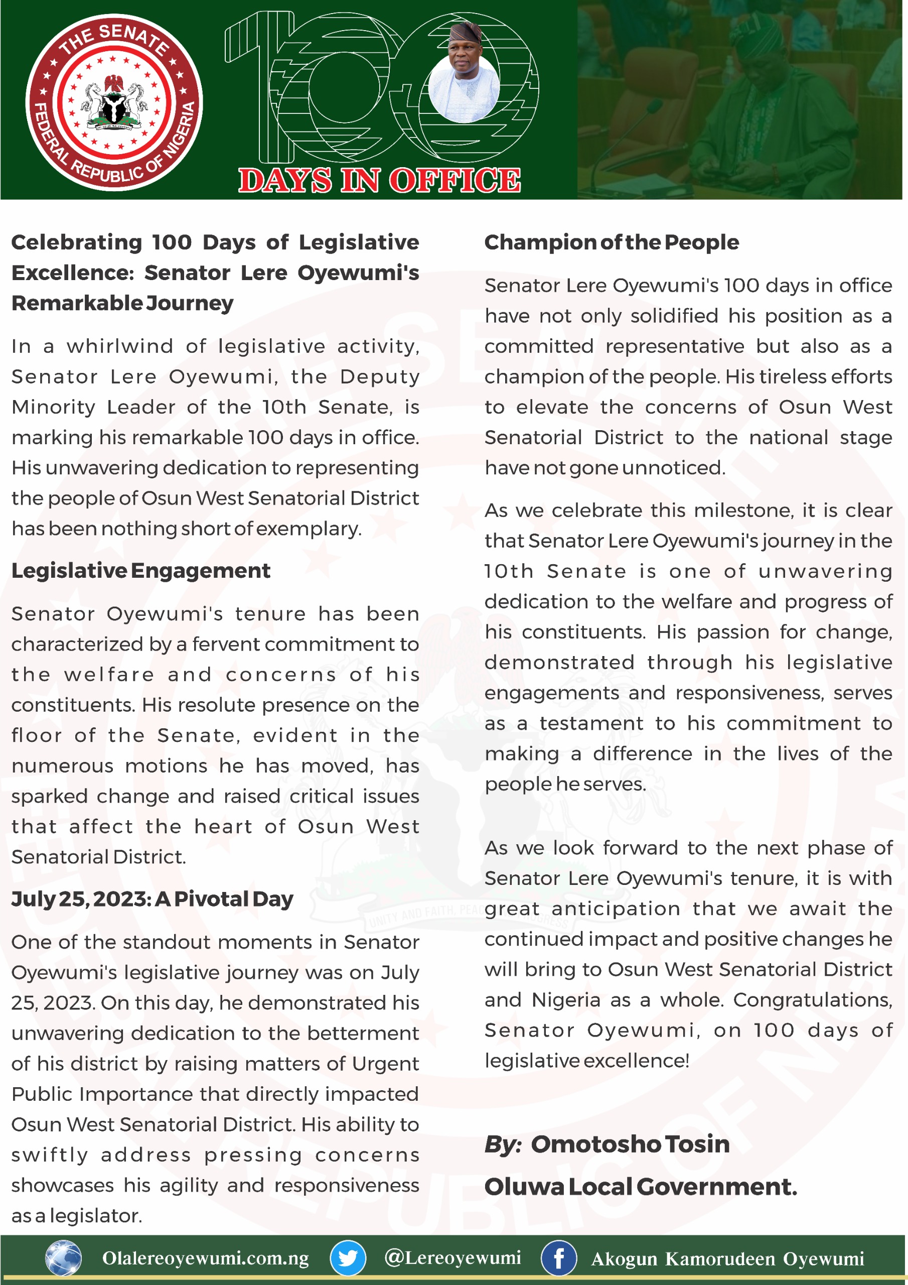 Celebrating 100 Days of Legislative Excellence: Senator Lere Oyewumi's ...